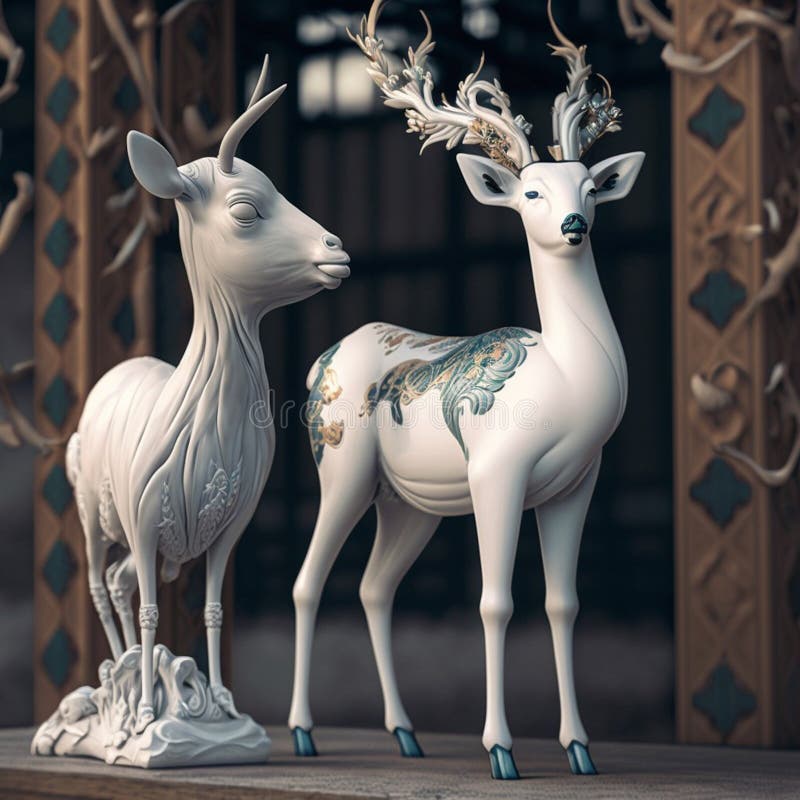 A White Ceramic Deer and a Deer Statue are on a Table. Stock ...