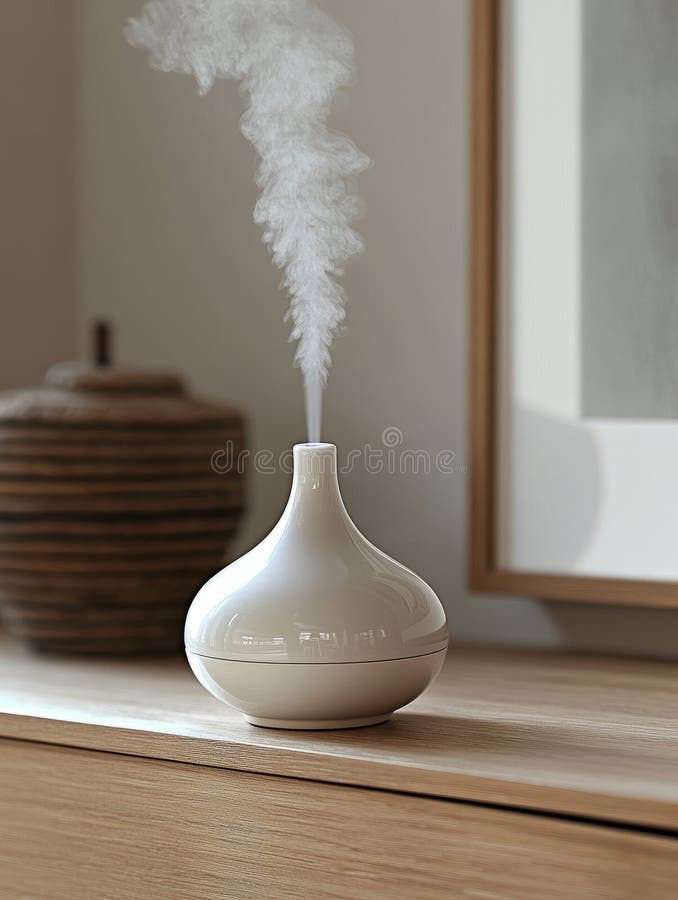 White Ceramic Diffuser Emitting Steam on a Wooden Surface. Stock Photo ...