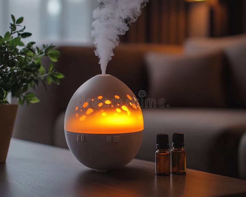 A White Ceramic Diffuser Releasing Steam Rests on a Wooden Table beside ...