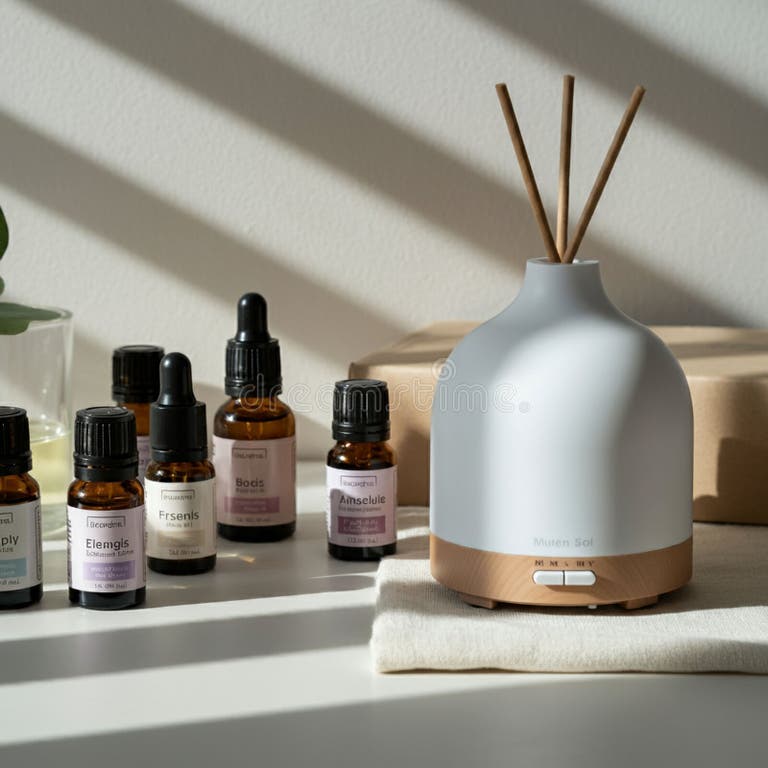 White Ceramic Diffuser with Wooden Base and Reeds on a Cloth-covered ...
