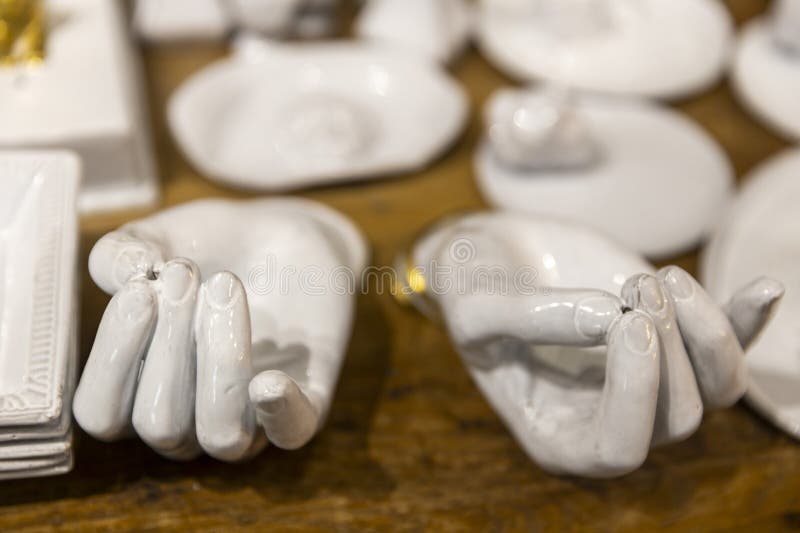 White Ceramic Hand-shaped Ring Holders Stock Photo - Image of ring ...