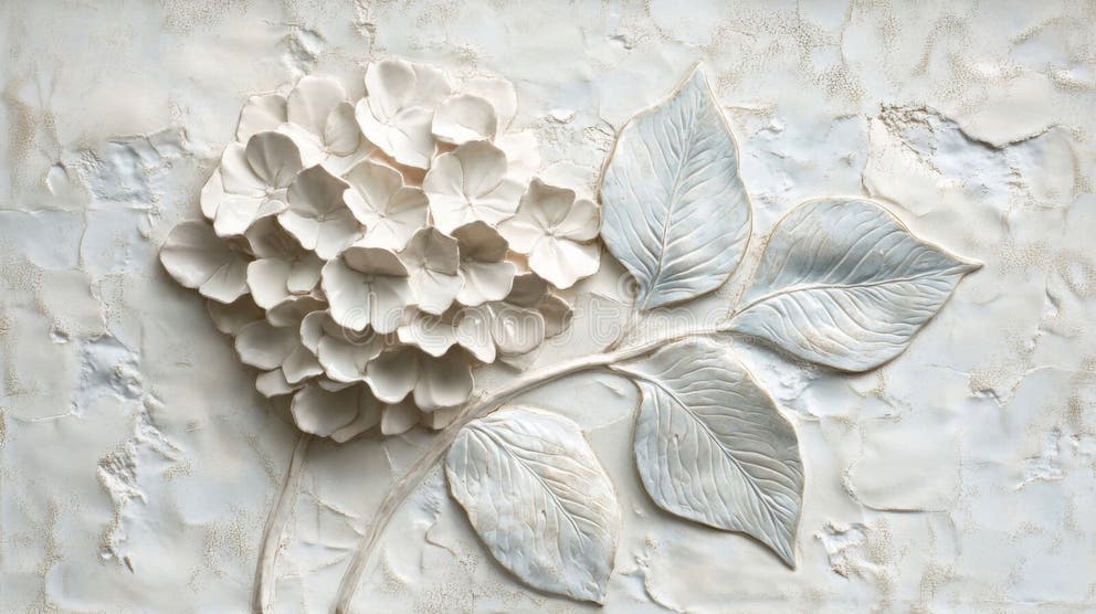 White Ceramic Hydrangea Flower Sculpture with Gray Leaves Stock ...
