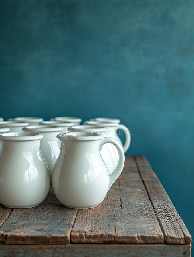 White Ceramic Jugs on Rustic Wooden Table with Teal Background Stock ...