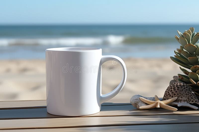 White Ceramic Mug on Beach Table with Sea Shells. Summer Coastal Scene ...