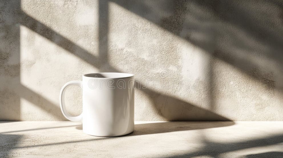 White Ceramic Mug on Table with Sunlight and Shadow Against Textured ...