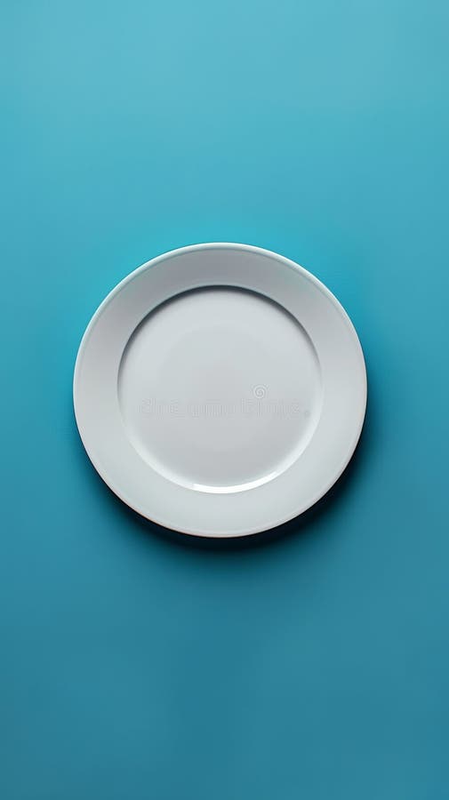 White Ceramic Plate on Blue Background, Top View. Minimalist ...