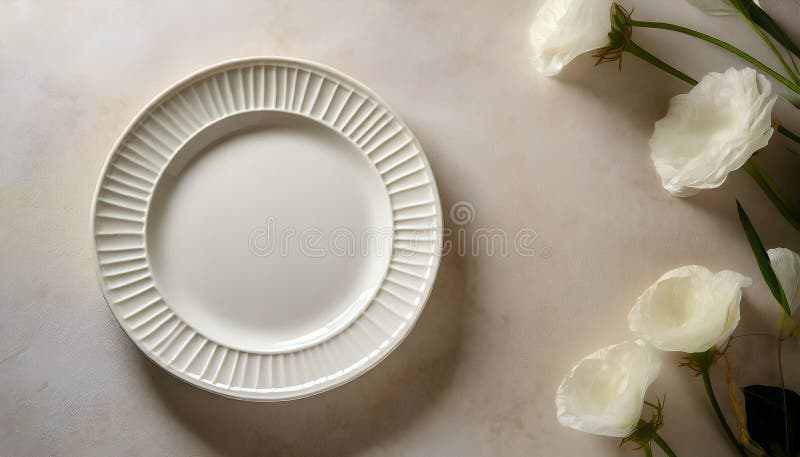 White Ceramic Plate Mockup, Blank Template of Dish on Table Stock ...