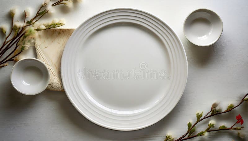 White Ceramic Plate Mockup, Blank Template of Dish on Table Stock ...