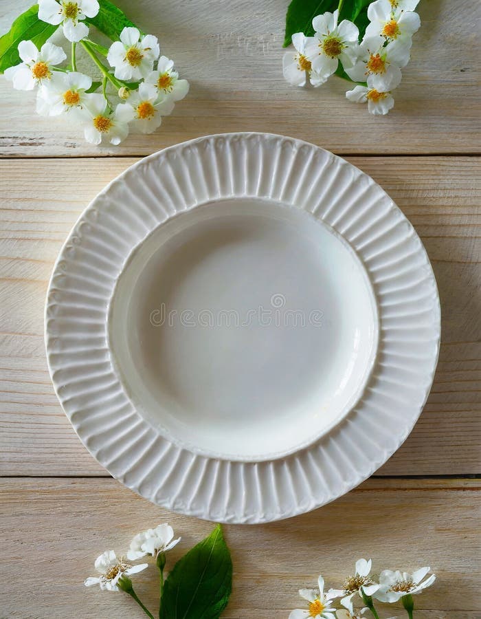 White Ceramic Plate Mockup, Blank Template of Dish on Table Stock ...