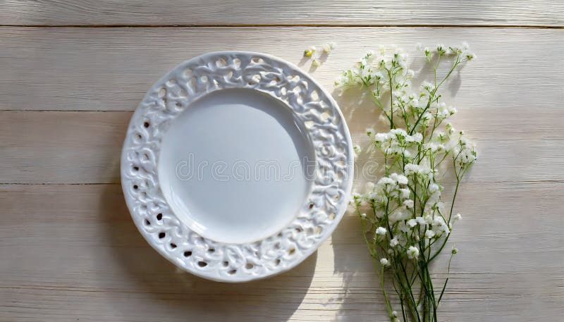 White Ceramic Plate Mockup, Blank Template of Dish on Table Stock ...