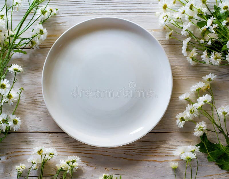White Ceramic Plate Mockup, Blank Template of Dish on Table Stock ...