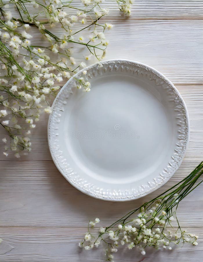 White Ceramic Plate Mockup, Blank Template of Dish on Table Stock ...