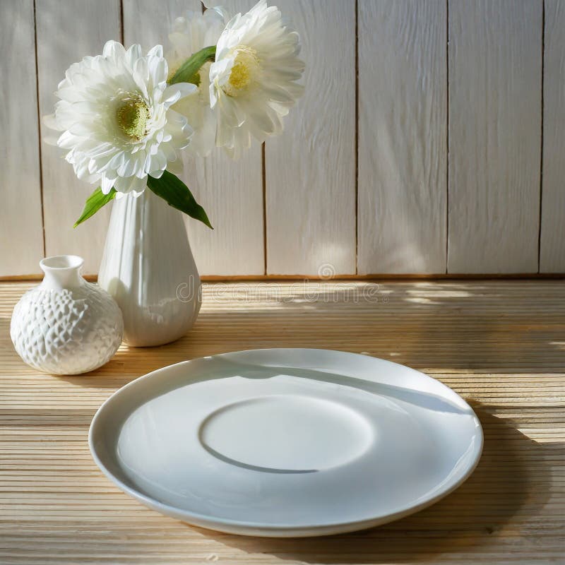 White Ceramic Plate Mockup, Blank Template of Dish on Table Stock ...