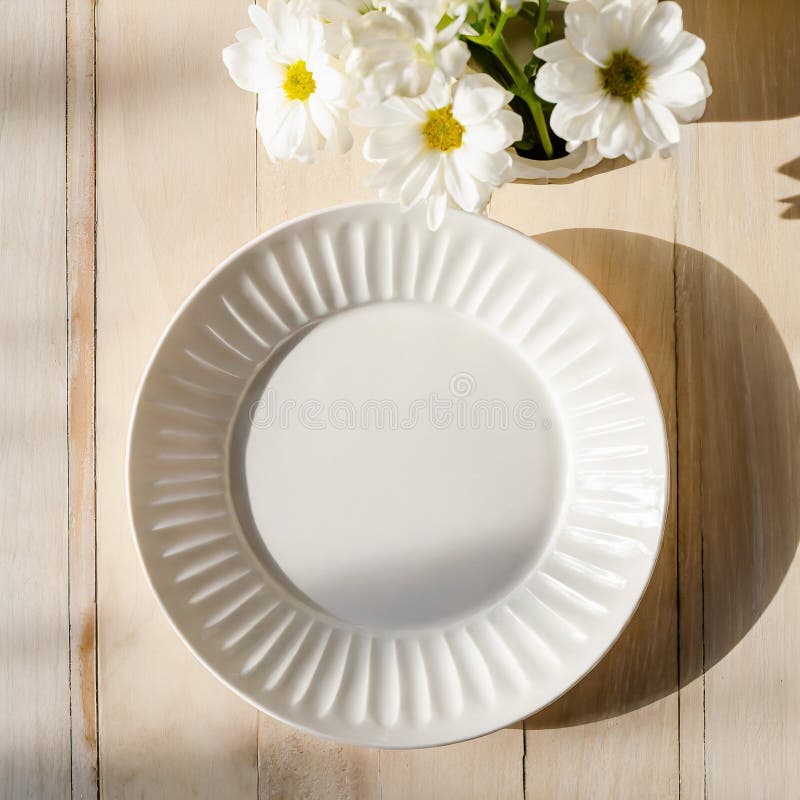 White Ceramic Plate Mockup, Blank Template of Dish on Table Stock ...