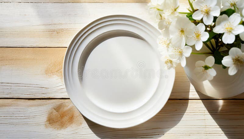 White Ceramic Plate Mockup, Blank Template of Dish on Table Stock ...