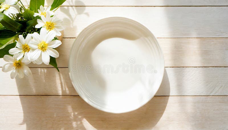 White Ceramic Plate Mockup, Blank Template of Dish on Table Stock ...