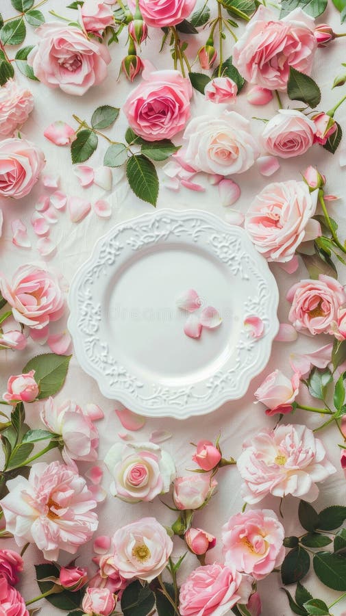 White Ceramic Plate with Pink Roses and Petals on White Background ...