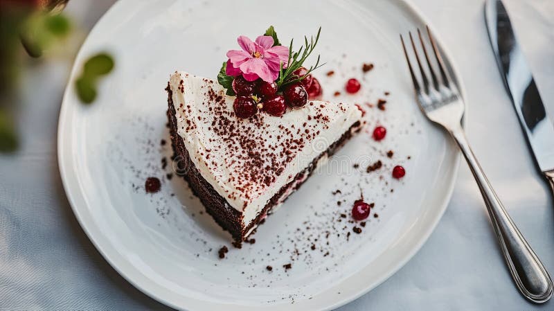 A White Ceramic Plate with a Slice of Cake and a Flower Garnish Stock ...
