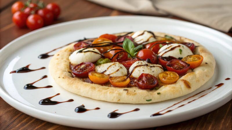 On a White Ceramic Plate a Small Pizza Features a Delicate Crisp Crust ...