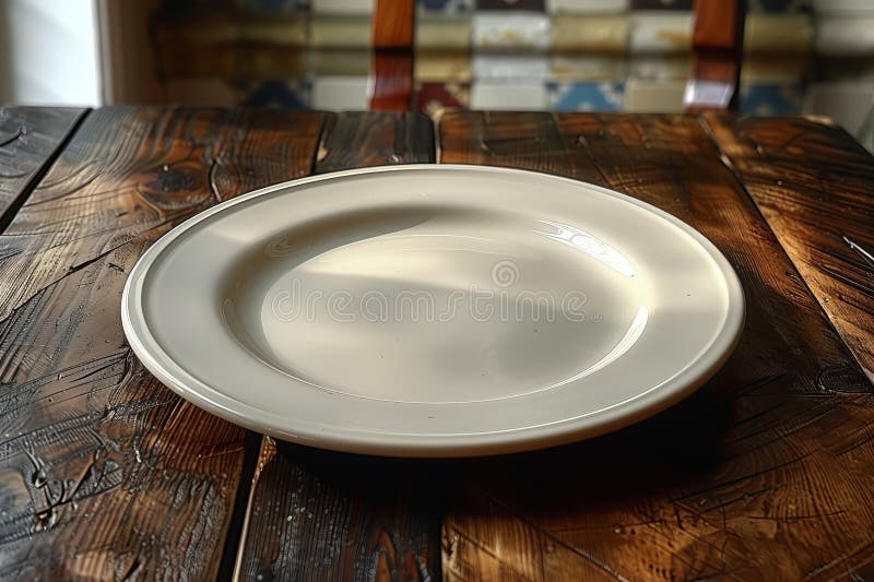 A White Ceramic Plate on a Wooden Table, Lit by Natural Light in an ...