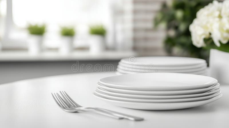 White Ceramic Plates and Utensils Stacked Precisely on Clean Surface ...
