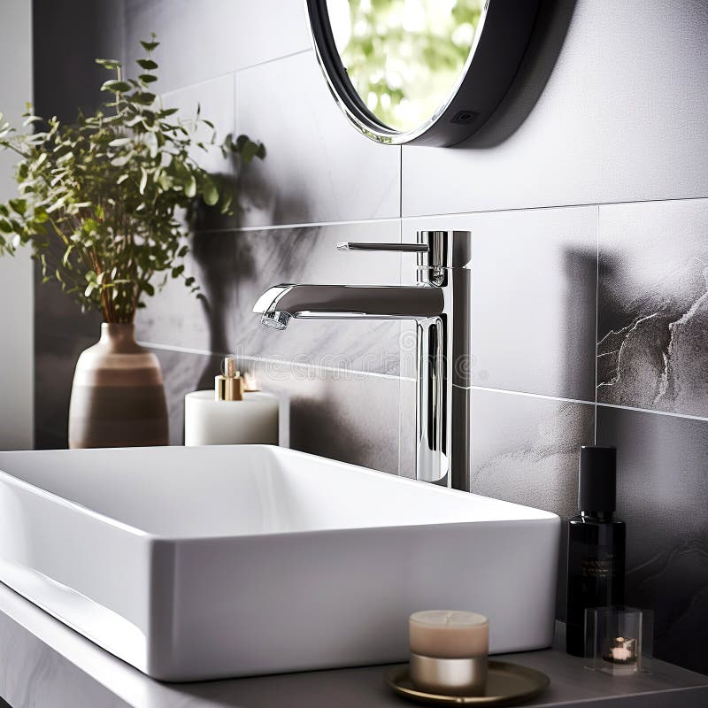 White Ceramic Rectangular Vessel Sink and Chrome Faucet on Marble ...