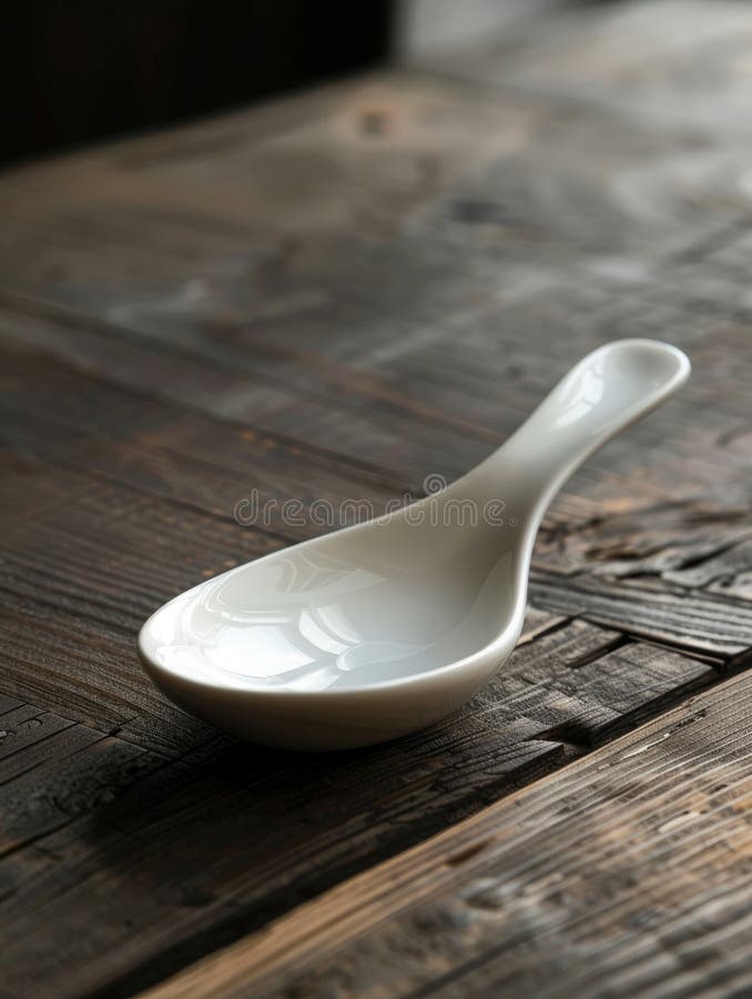 A White Ceramic Spoon on a Rustic Wooden Surface. Stock Photo - Image ...