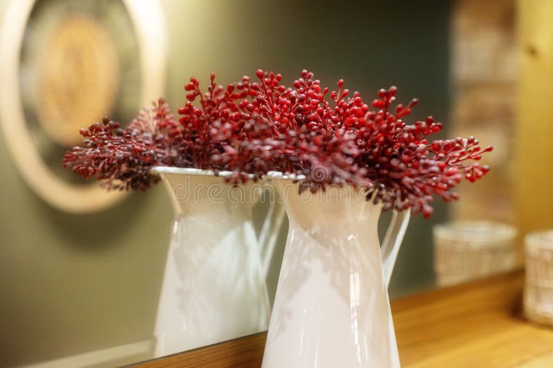 White Ceramic Vase with Red Branches Decor Stock Image - Image of ...