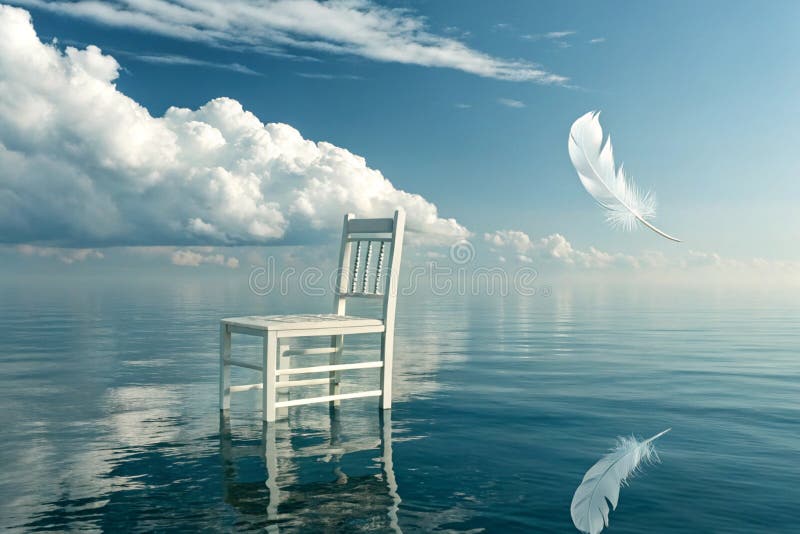 White Chair Floating on Calm Water with Cloud and Feather - Generated ...