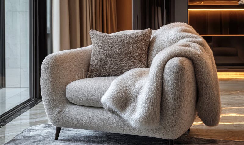 A White Chair with a Fluffy White Blanket Draped Over it Stock Image ...