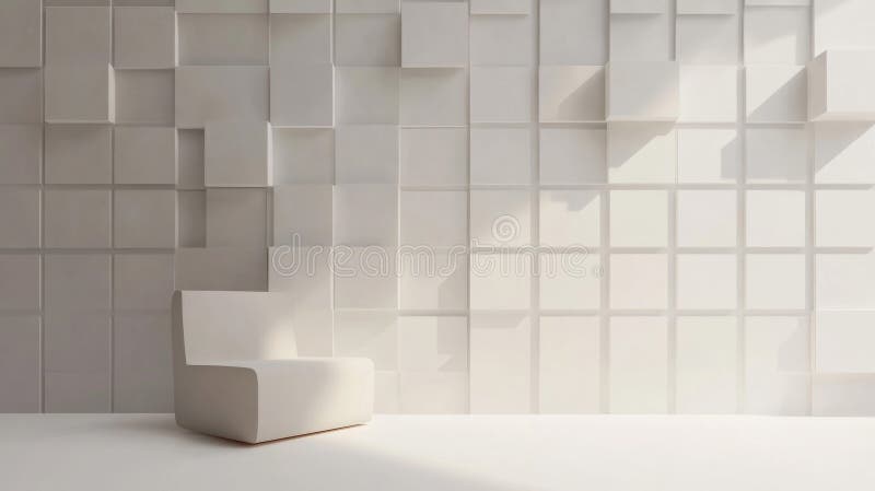 White Chair in Minimalist Room with Cube Wall Stock Illustration ...