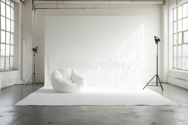 White Chair in a Minimalist Studio Setting with Two Lights Stock ...
