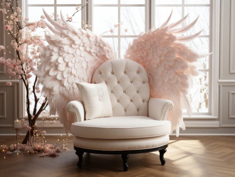 A White Chair with Pink Wings Sitting in Front of a Window, AI Stock ...
