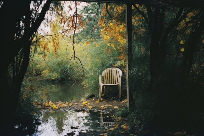 A White Chair Sitting in the Middle of a Pond Surrounded by Trees Stock ...