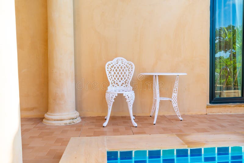 White Chair and Table on Side the Swimming Pool Stock Photo - Image of ...