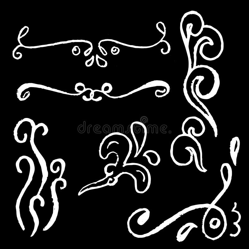 White Chalk Decor Elements on Black, Illustration. Rustic Chalk Borders ...