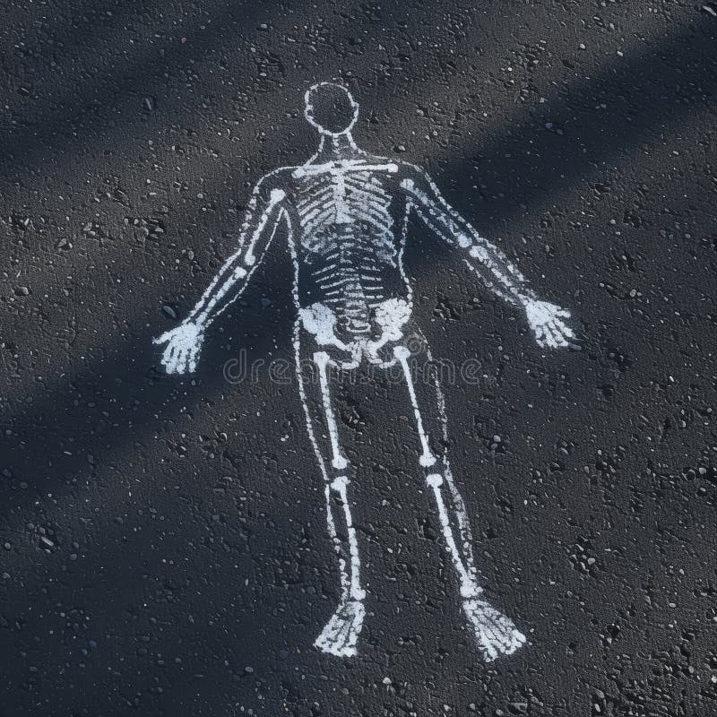 White Chalk Drawing of a Human Skeleton on Dark Asphalt Surface. Stock ...