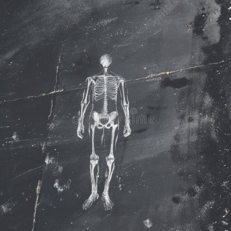 White Chalk Drawing of a Human Skeleton on Dark Asphalt Surface. Stock ...