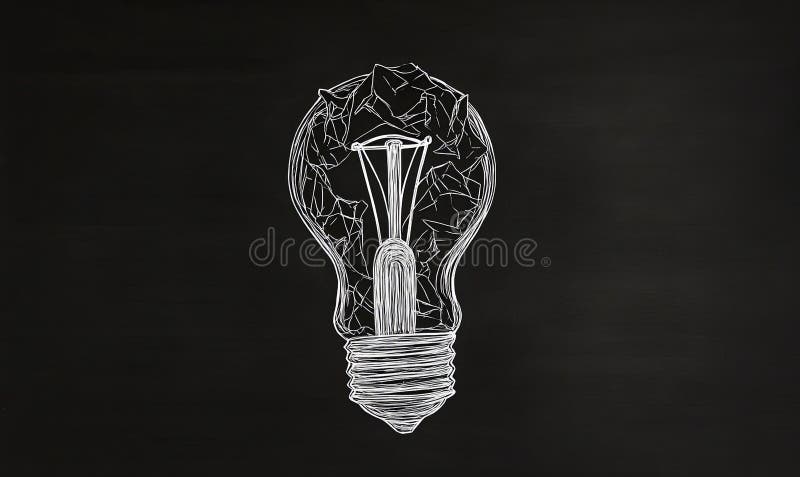 A White Chalk Drawing of a Light Bulb Filled with Crumpled Paper on a ...