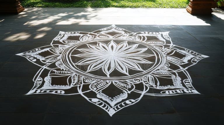White Chalk Mandala Design on Black Tile Floor Stock Illustration ...