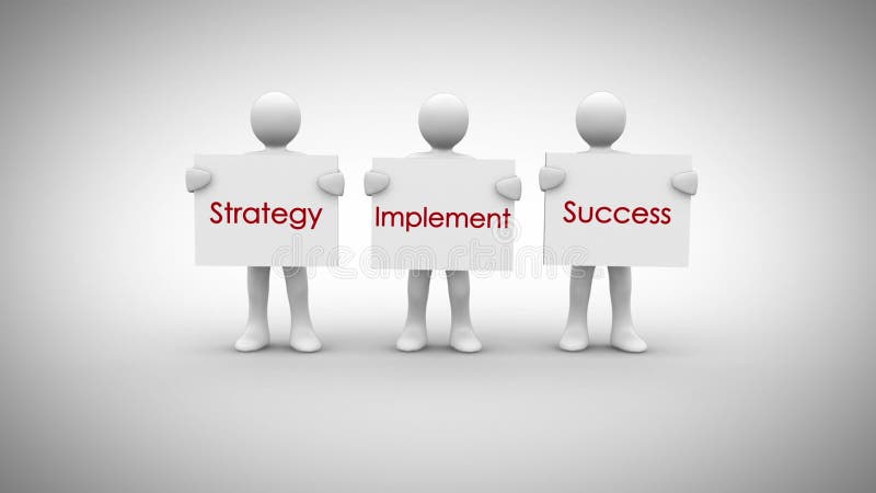 White Characters Showing Signs Saying Strategy Implement Success Stock ...