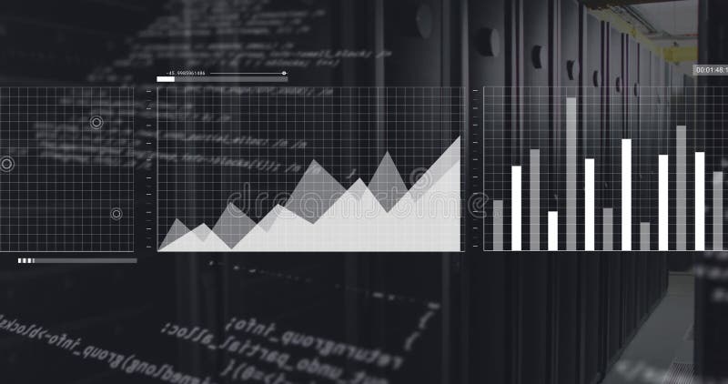 White Charts, Graphs and Processing Data Over Dark Computer Server Room Stock Video - Video of ...