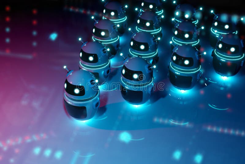 White Chatbot Robot Leading Robots Group on Dark Bluish Reddish ...