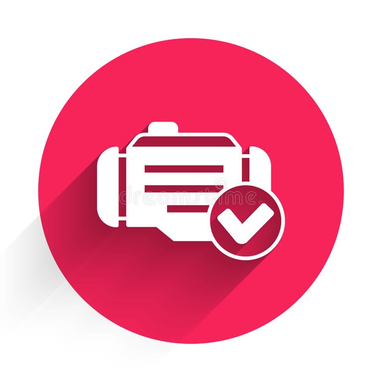 White Check Engine Icon Isolated with Long Shadow Background. Red ...