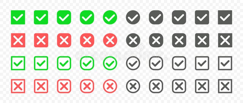 White Check Mark and Cross Icon Set, Green and Red Circle and Square ...