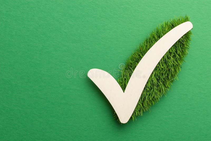 White Check Mark Symbol Over Green Grass and Green Background ...