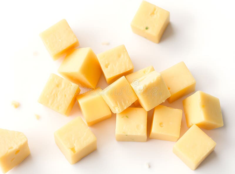 White Cheddar Cheese Cubes Scattered on a White Background. Ai Generated Stock Illustration ...