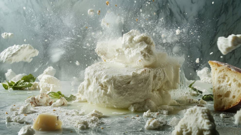 White Cheese Crumbling Explosion with Bread and Herbs Stock ...