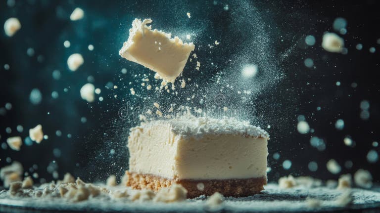 White Cheesecake with White Chocolate, Falling Pieces, Dark Background ...