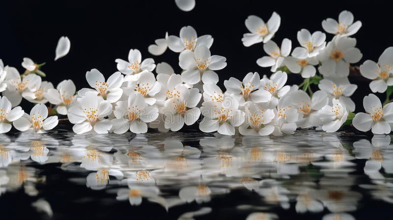 White Cherry Blossoms Floating on Dark Water Stock Illustration ...